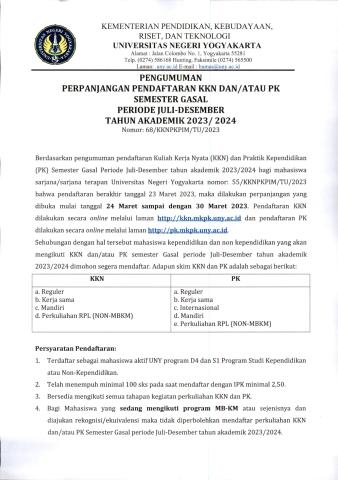 PENGUMUMAN PERPANJANGAN PENDAFTARAN KKN DAN/ATAU PK SEMESTER GASAL PERIODE JULI-DESEMBER TAHUN ...
